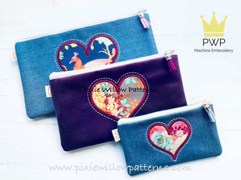 Heart Applique Zipper Bag Pattern. For 5×7, 6×10, 8×11 and 9×12 Hoops – Pixie Willow Patterns
