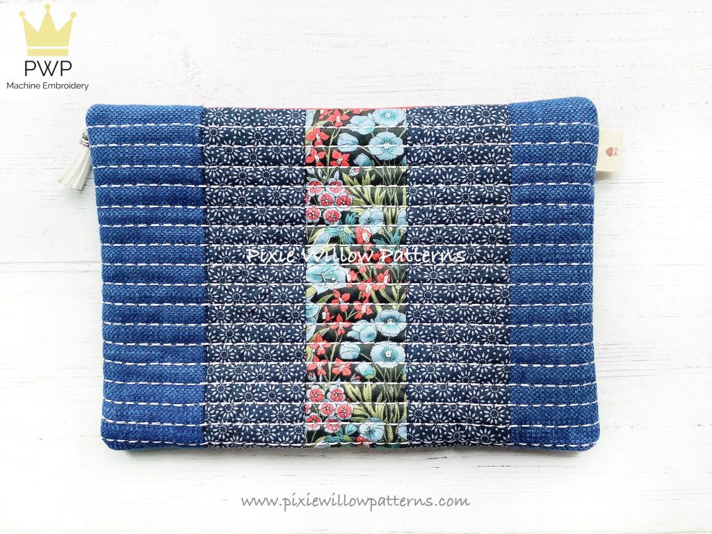 ITH Quilted Zipper bag pattern with vertical quilt panels and sashiko stitching for 8×11 hoops ...