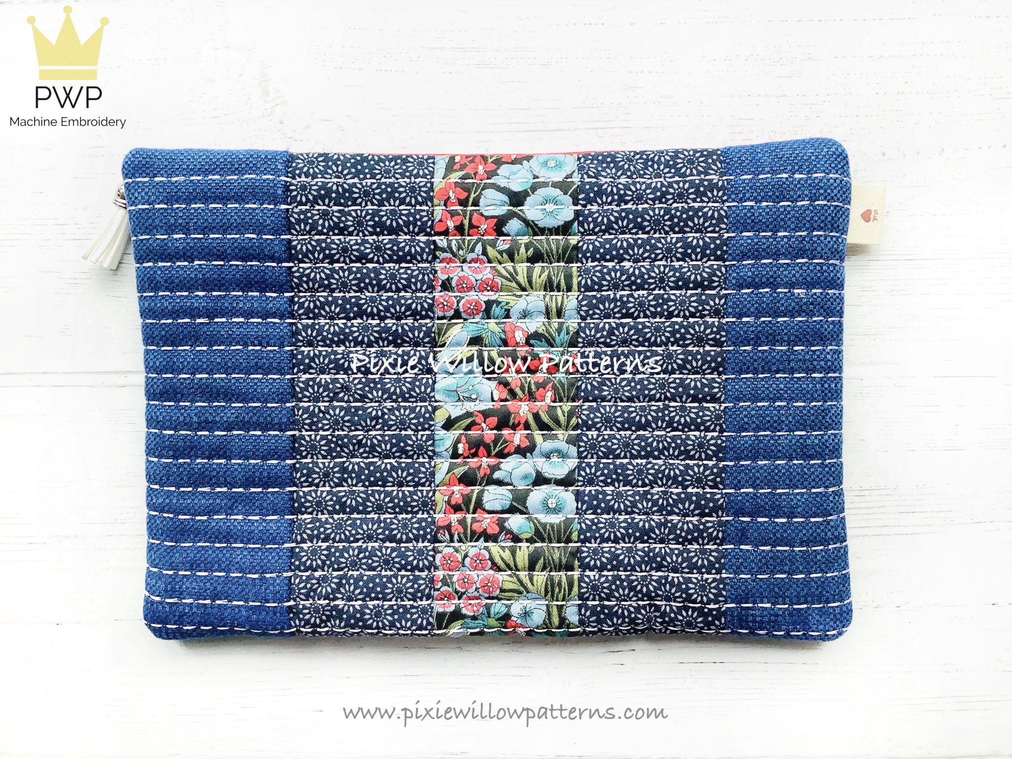 ITH Quilted Zipper bag pattern with vertical quilt panels and sashiko ...