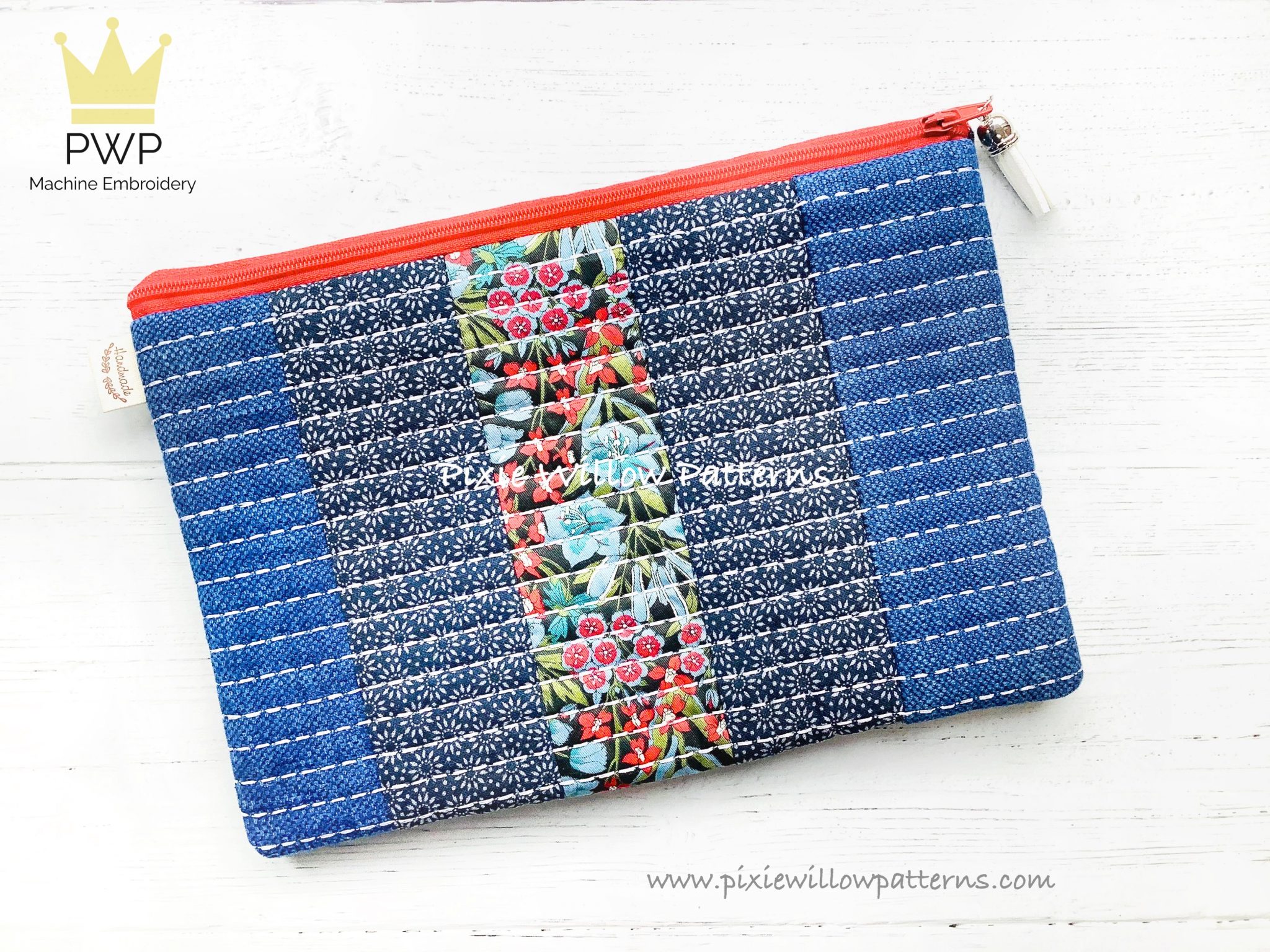 ITH Quilted Zipper bag pattern with vertical quilt panels and sashiko ...