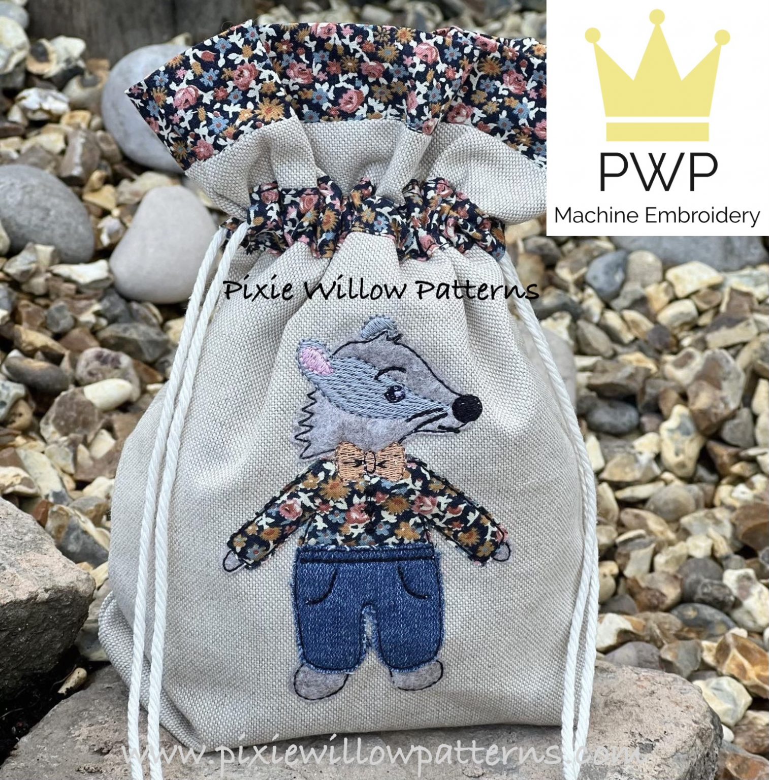 Badger Applique design for 5×7 Hoops. Part of the Woodland Animals set – Pixie Willow Patterns