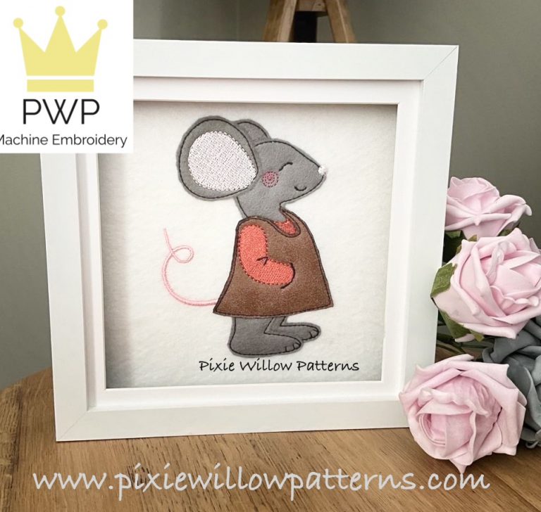 Mouse Applique design for 5×7 Hoops. Part of the Woodland Animals set – Pixie Willow Patterns
